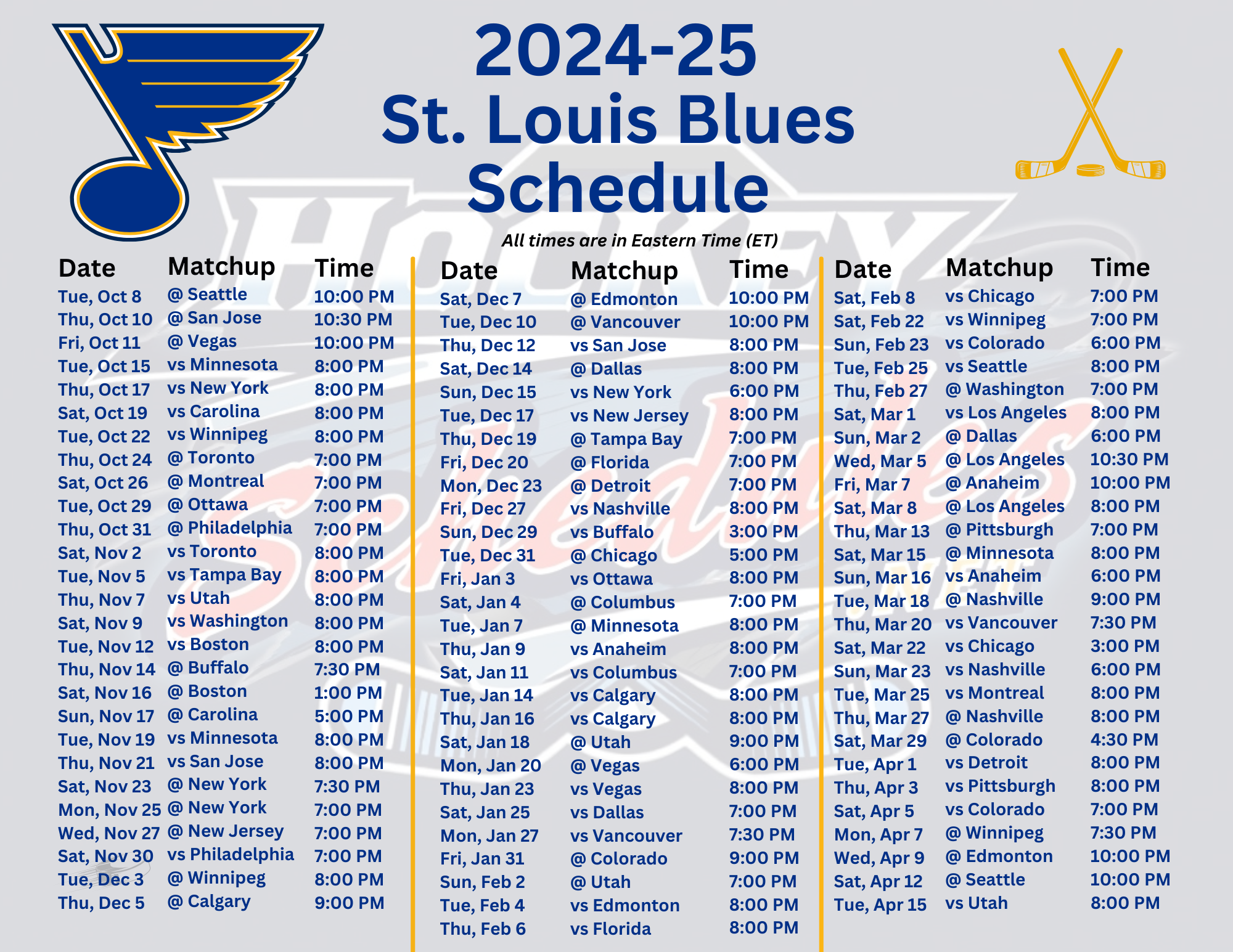 Printable 2024-25 St. Louis Blues Schedule; Matchups; PDF Format ...