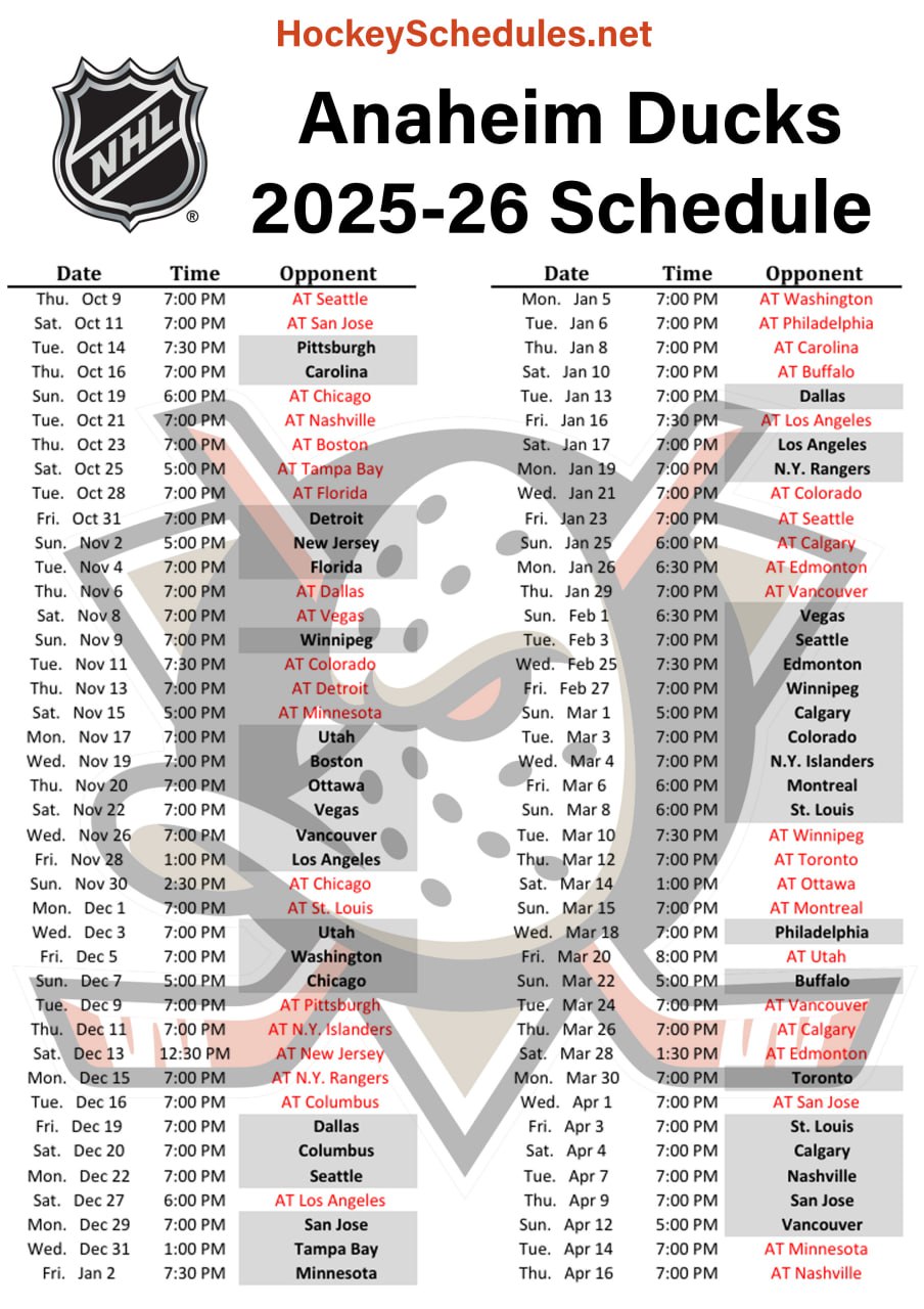 Printable 2025-26 Anaheim Ducks Schedule; Matchups, PDF Format - Hockey Schedules