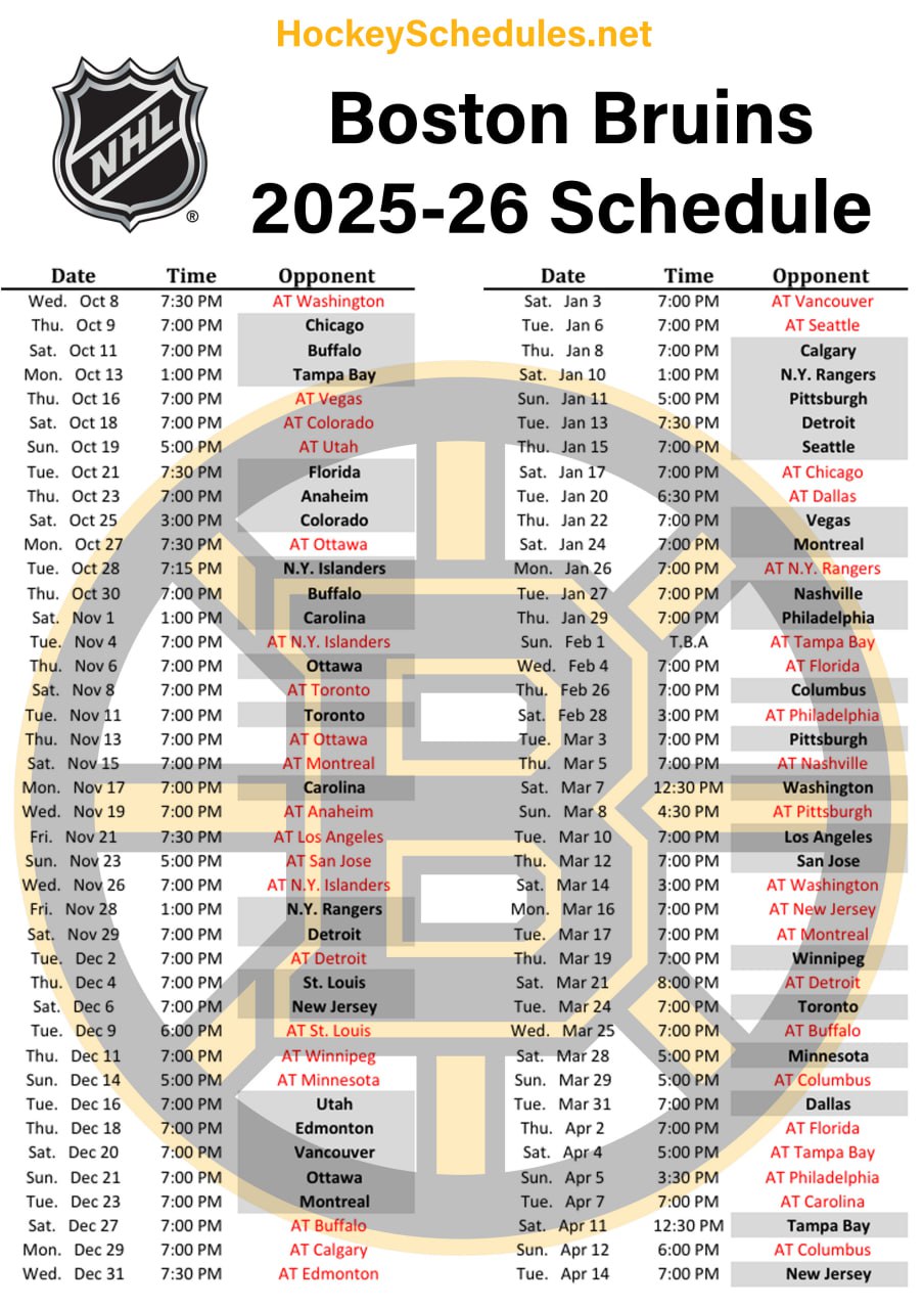 Printable 2025-26 Boston Bruins Schedule; Matchups, PDF Format - Hockey Schedules