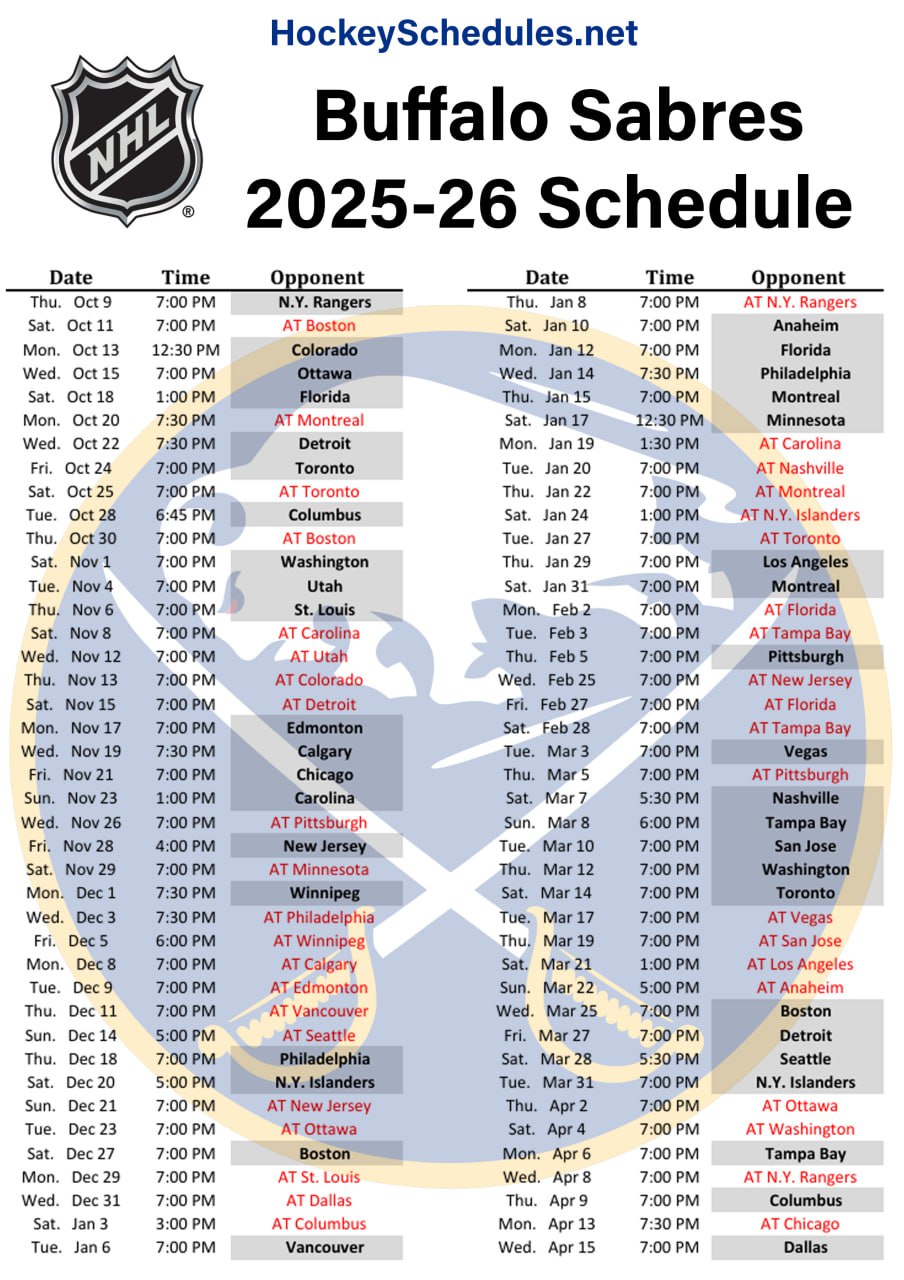 Printable 2025-26 Buffalo Sabres Schedule; Matchups, PDF Format ...