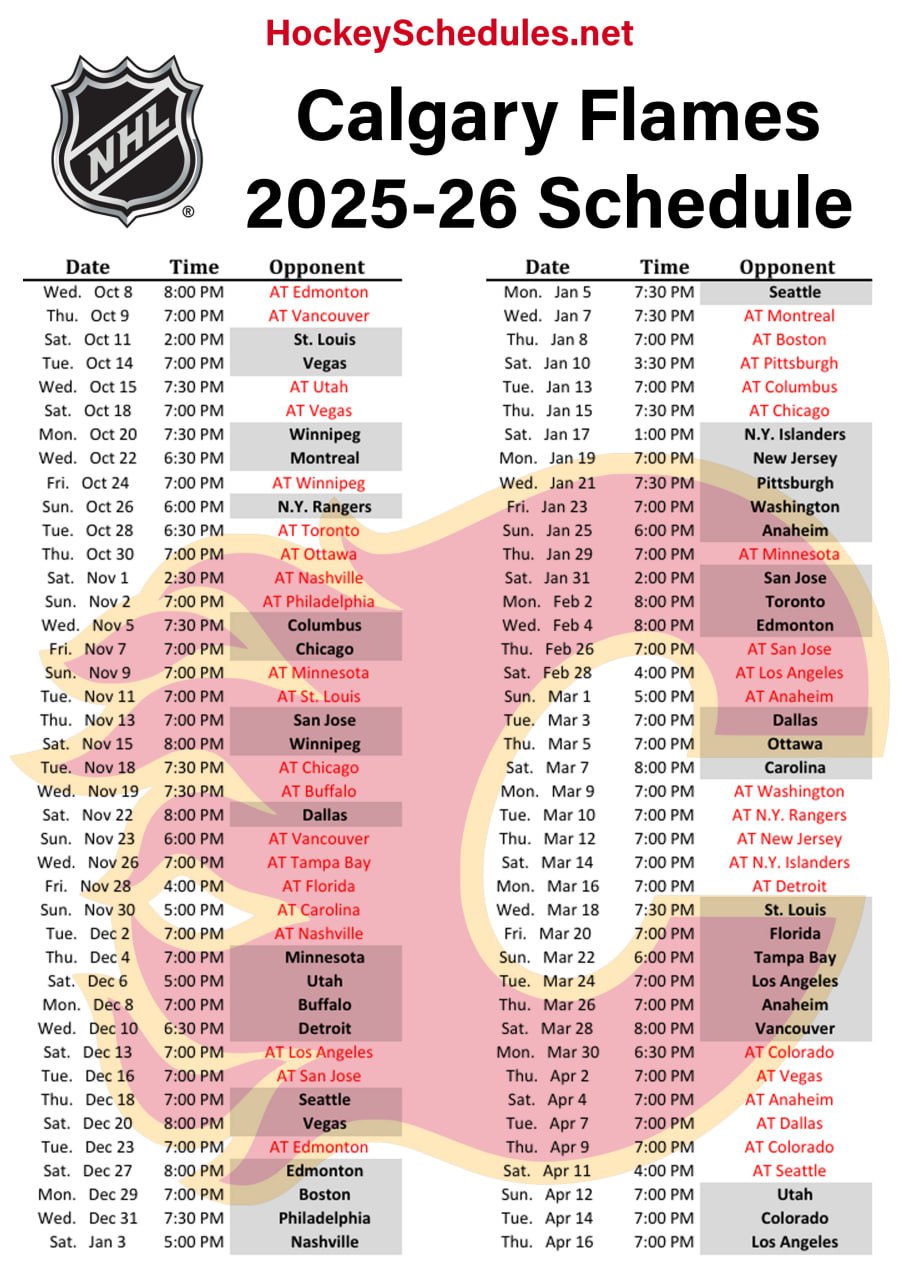 Printable 2025-26 Calgary Flames Schedule; Matchups, PDF Format - Hockey Schedules