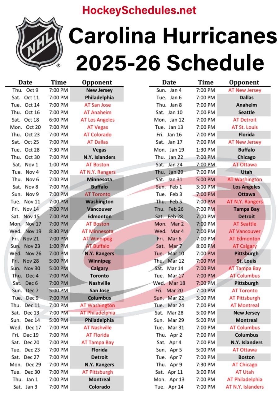 Printable 2025-26 Carolina Hurricanes Schedule; Matchups, PDF Format - Hockey Schedules