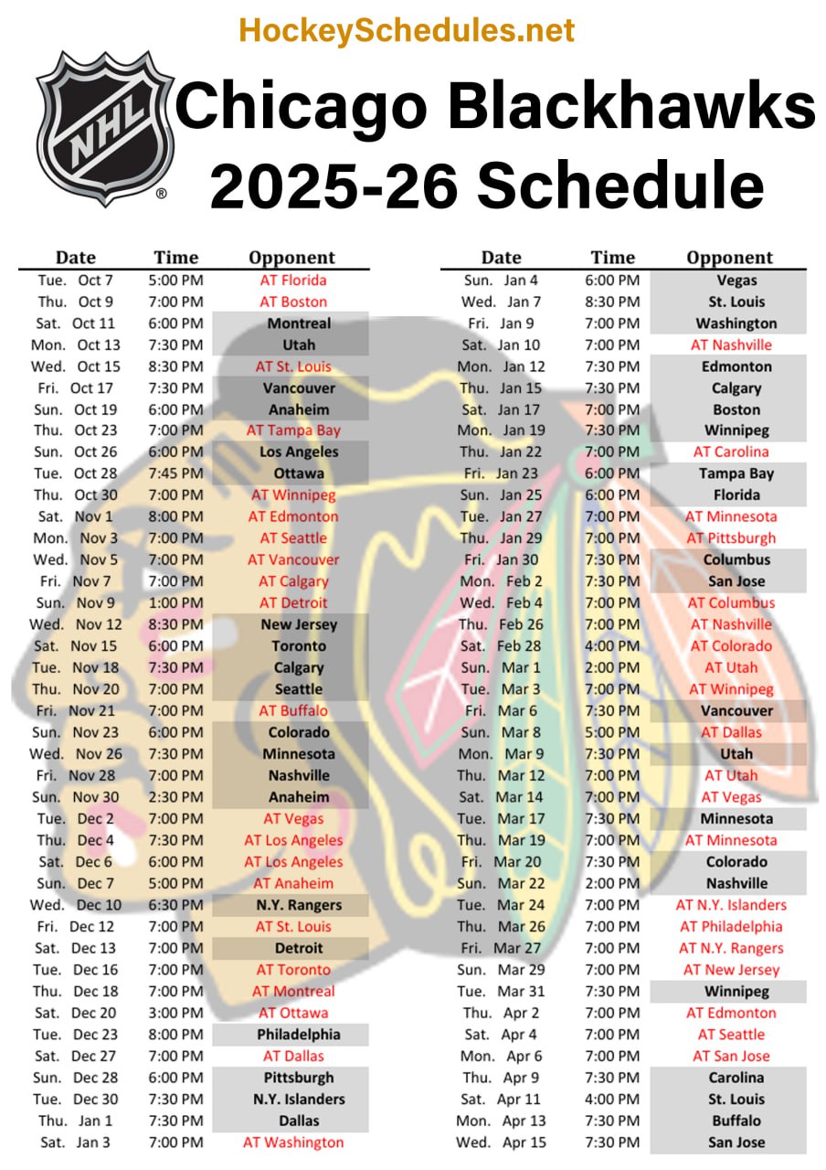 Printable 2025-26 Chicago Blackhawks Schedule; Matchups, PDF Format - Hockey Schedules