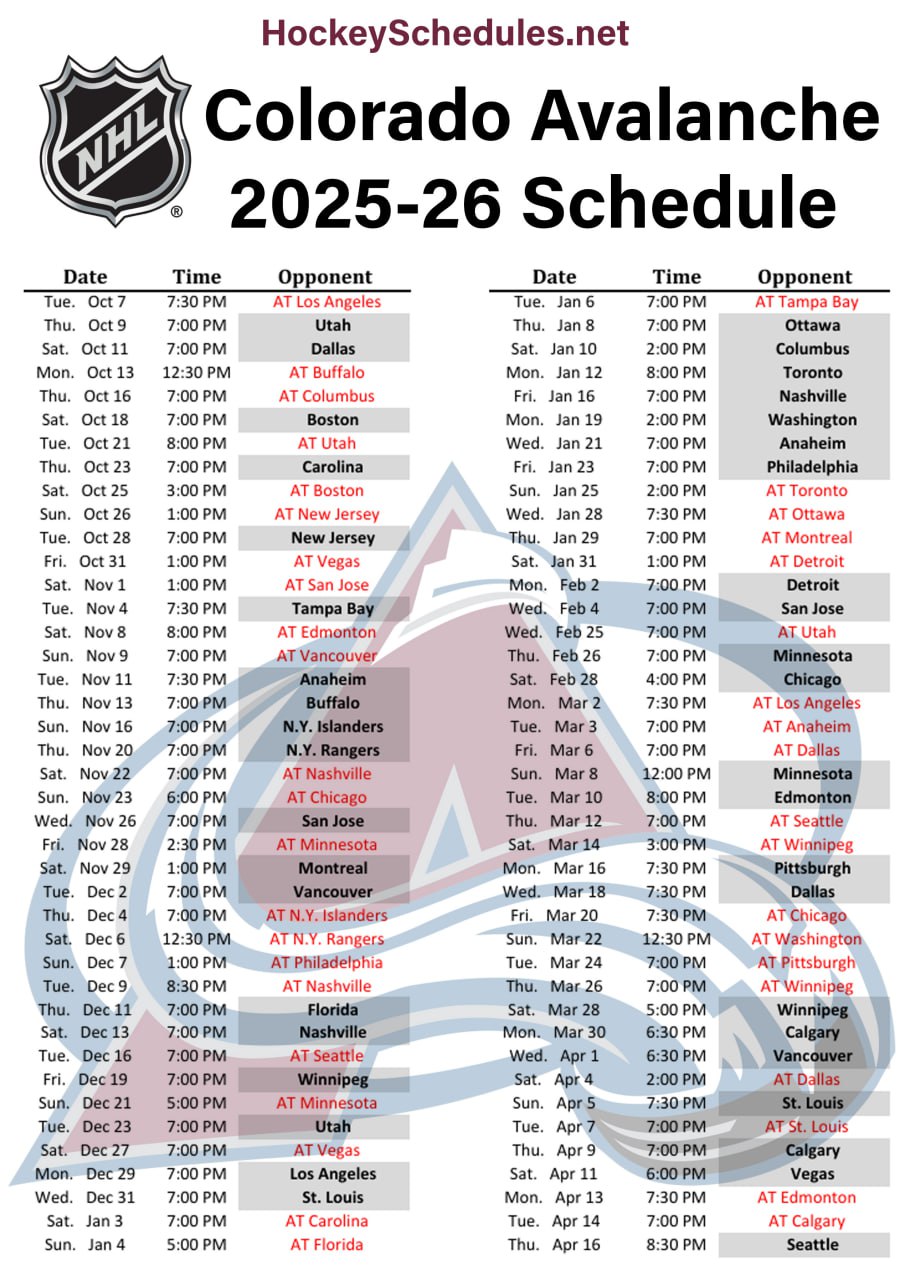 Printable 2025-26 Colorado Avalanche Schedule; Matchups, PDF Format; Matchups, PDF Format ...