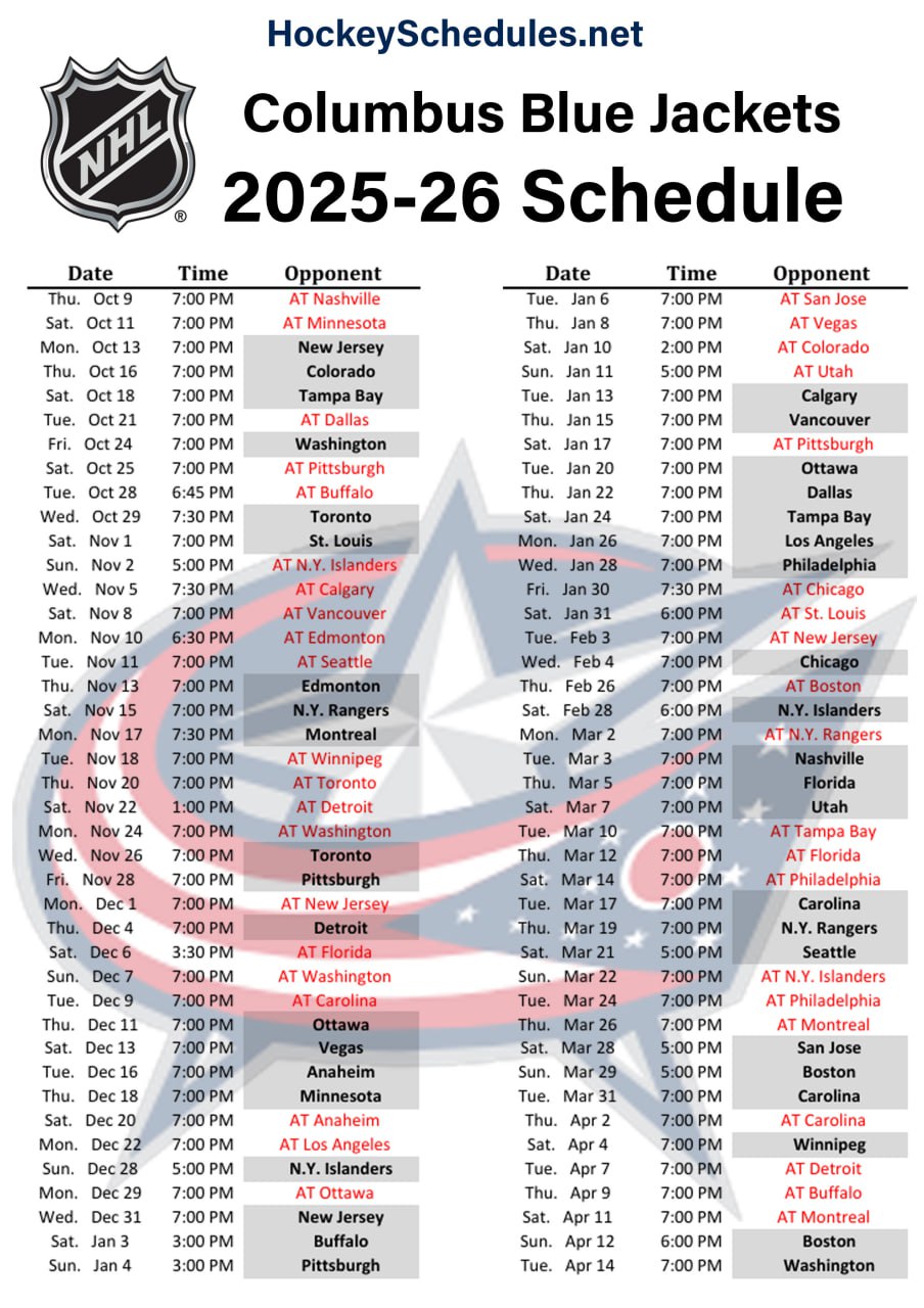 Printable 2025-26 Columbus Blue Jackets Schedule; Matchups, PDF Format - Hockey Schedules