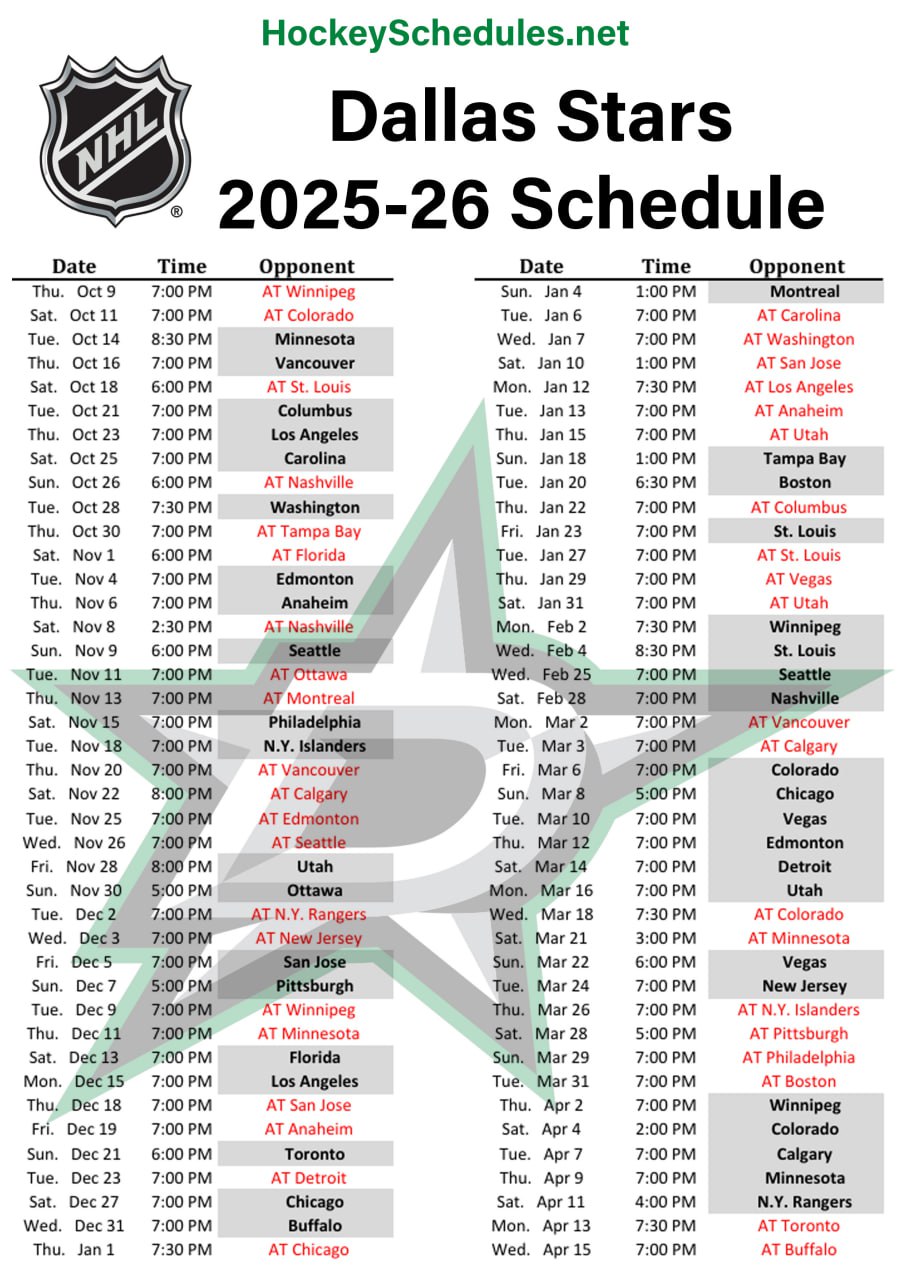 Printable 2025-26 Dallas Stars Schedule; Matchups, PDF Format - Hockey Schedules