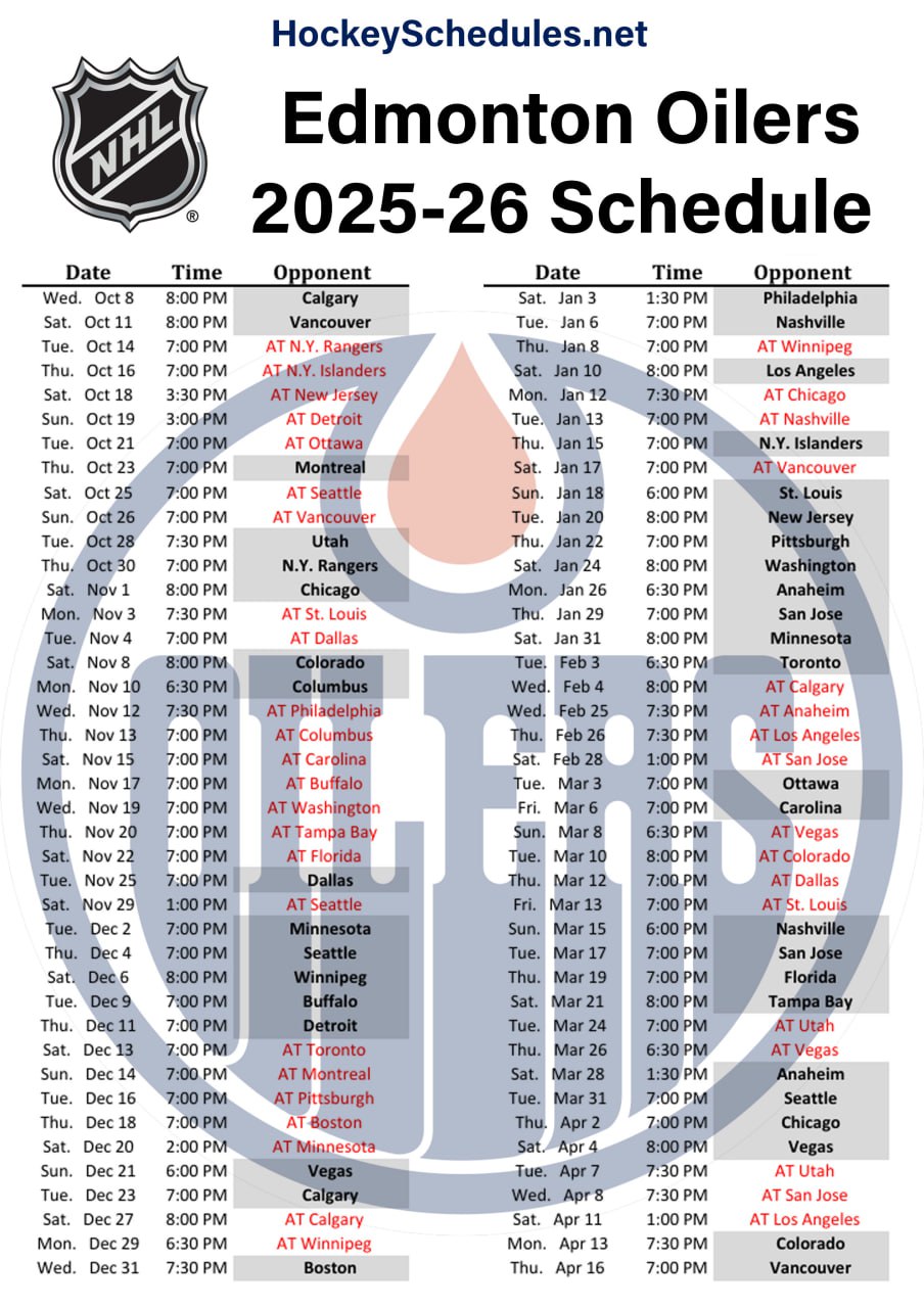 Printable 2025-26 Edmonton Oilers Schedule; Matchups, PDF Format - Hockey Schedules