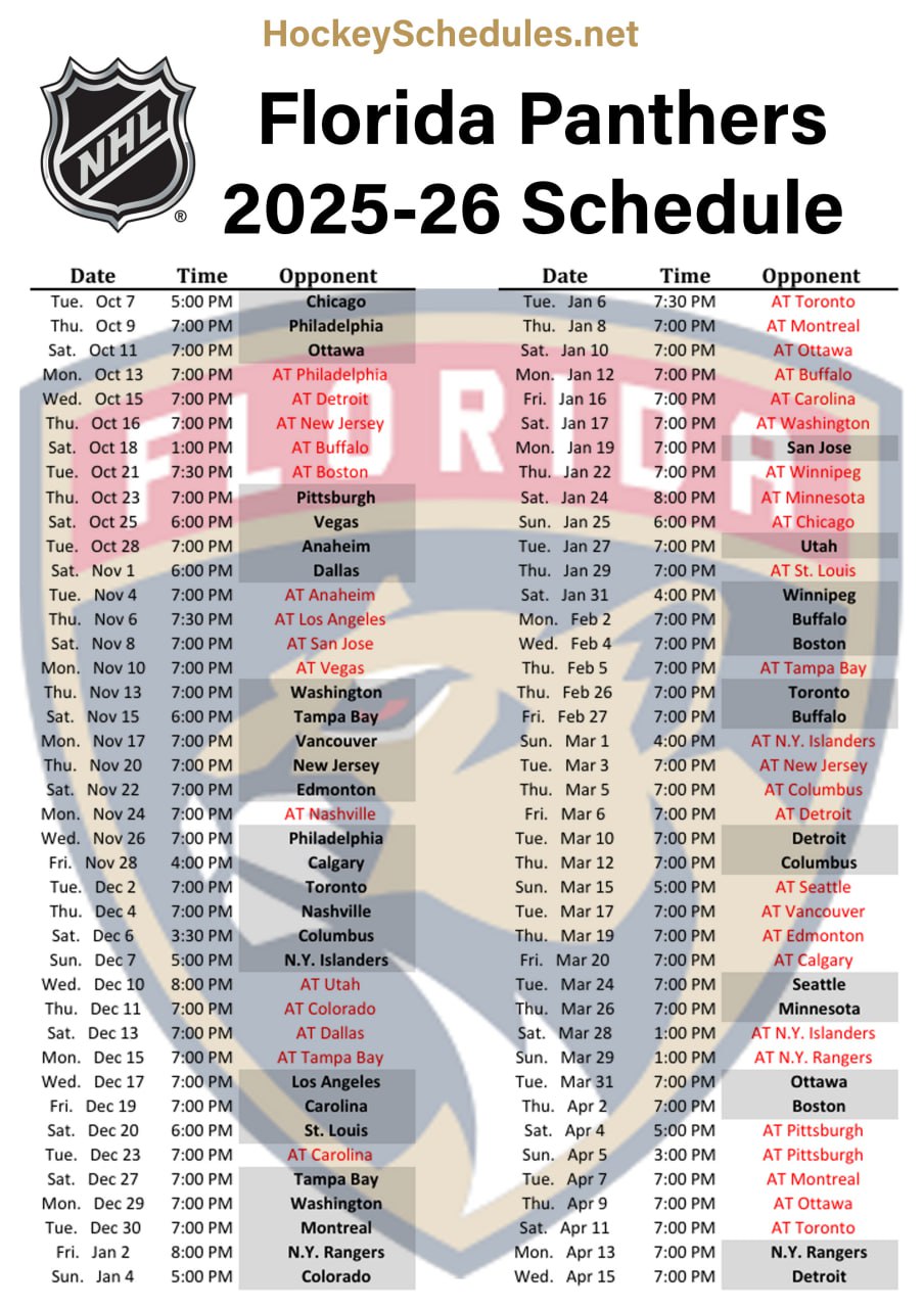 Printable 2025-26 Florida Panthers Schedule; Matchups, PDF Format ...