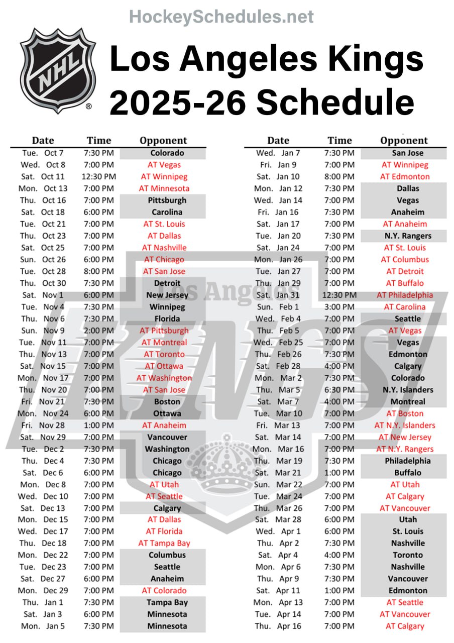Printable 2025-26 Los Angeles Kings Schedule; Matchups, PDF Format - Hockey Schedules