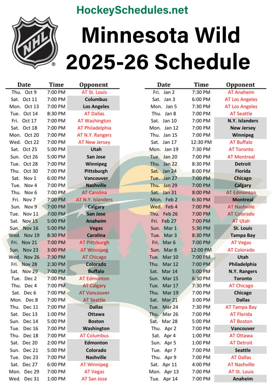 Printable 2025-26 Minnesota Wild Schedule; Matchups, PDF Format ...