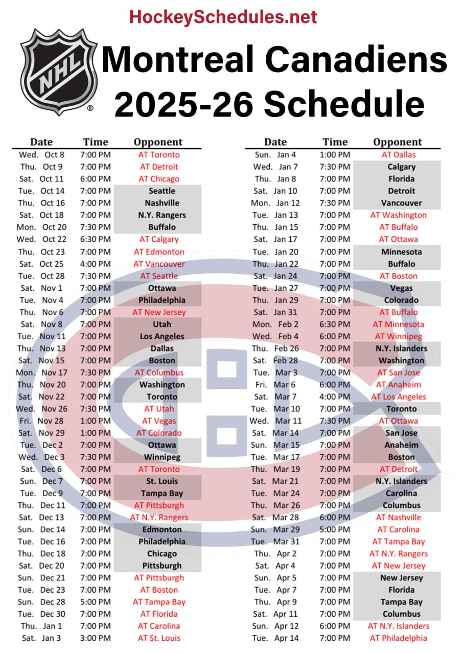 Printable 2025-26 Montreal Canadiens Schedule; Matchups, PDF Format - Hockey Schedules