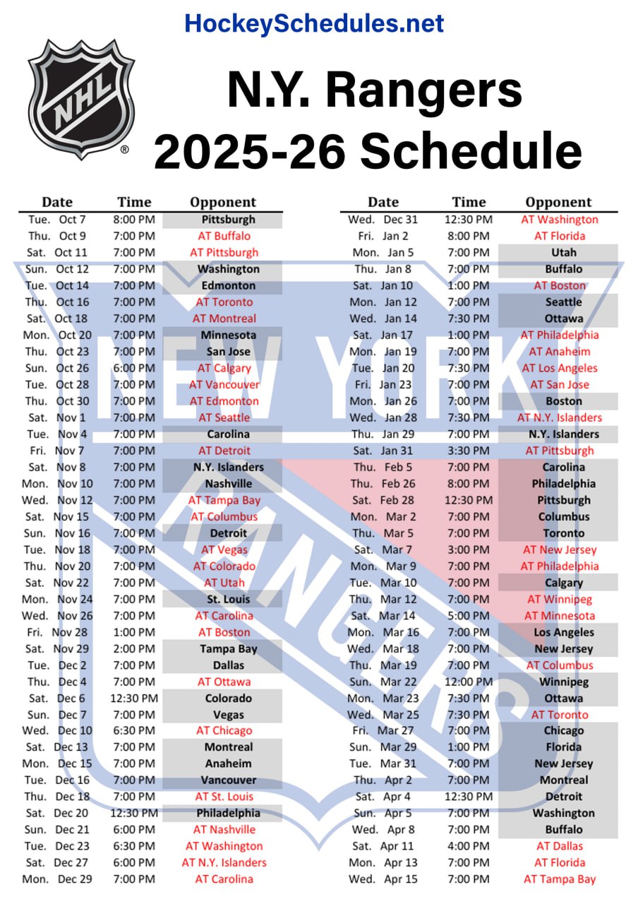 Printable 2025-26 New York Rangers Schedule; Matchups, PDF Format - Hockey Schedules