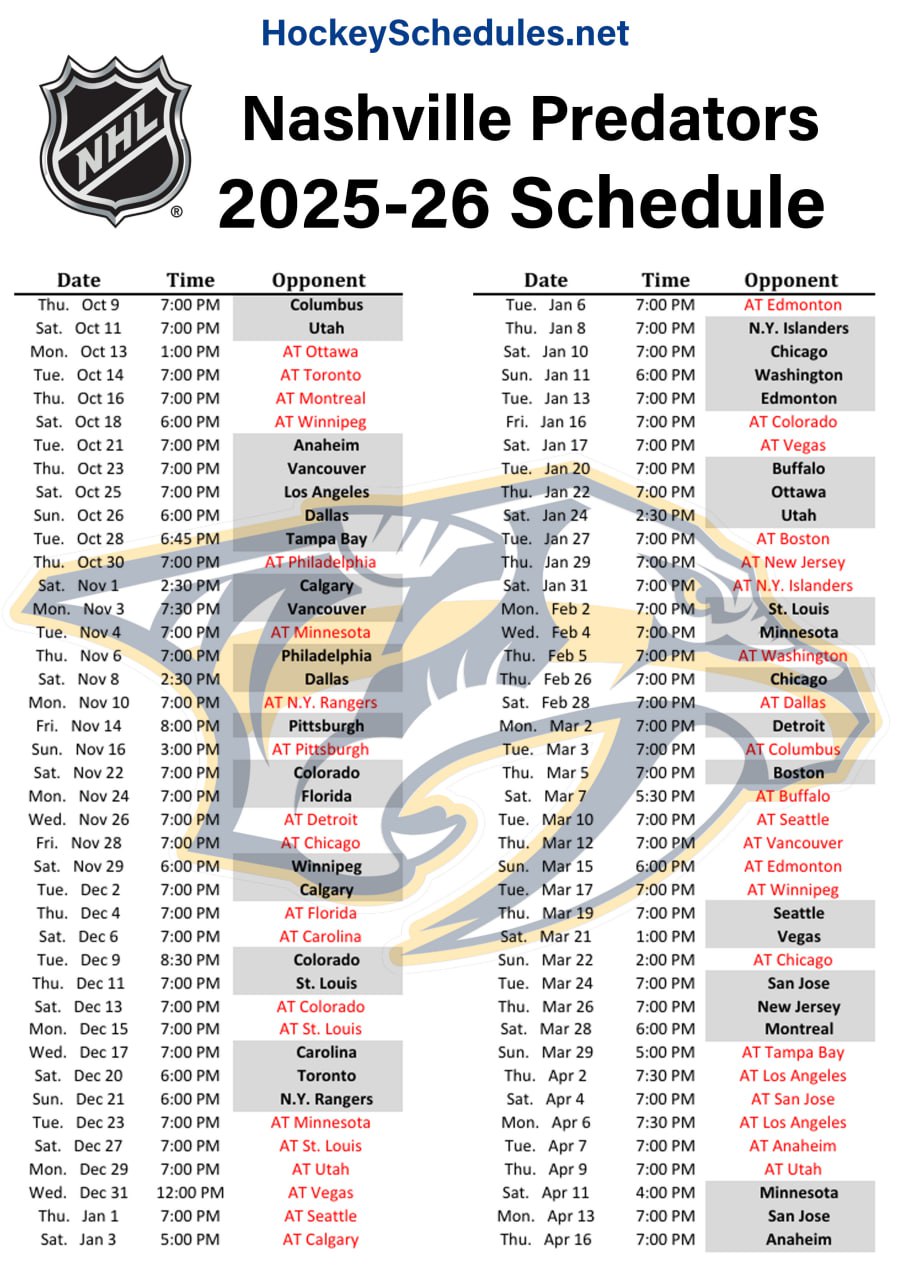 Printable 2025-26 Nashville Predators Schedule; Matchups, PDF Format ...