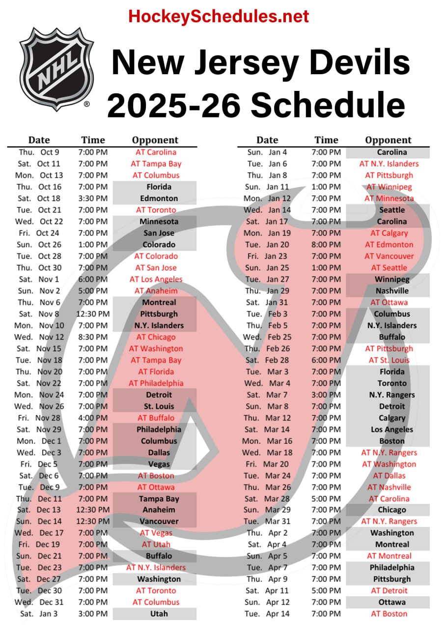 Printable 2025-26 New Jersey Devils Schedule; Matchups, PDF Format - Hockey Schedules
