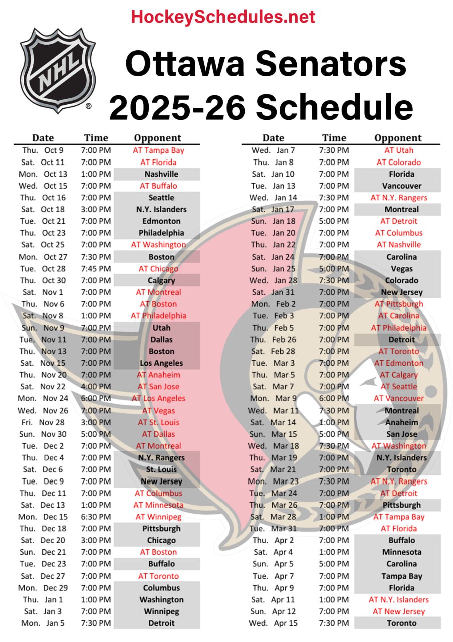 Printable 2025-26 Ottawa Senators Schedule; Matchups, PDF Format - Hockey Schedules