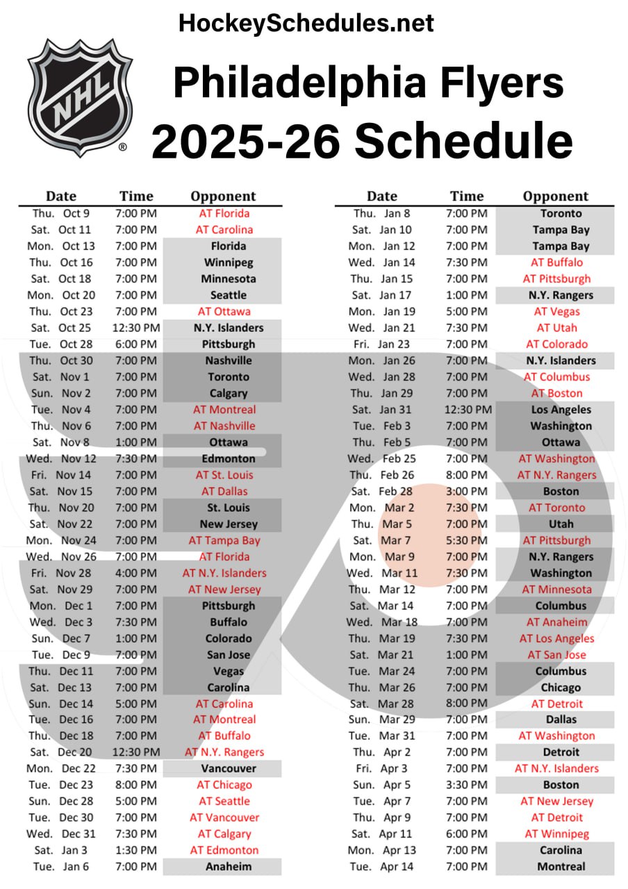 Printable 2025-26 Philadelphia Flyers Schedule; Matchups, PDF Format - Hockey Schedules