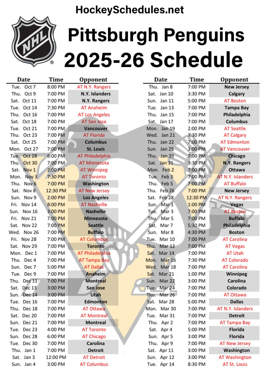 Printable 2025-26 Pittsburgh Penguins Schedule; Matchups, PDF Format - Hockey Schedules