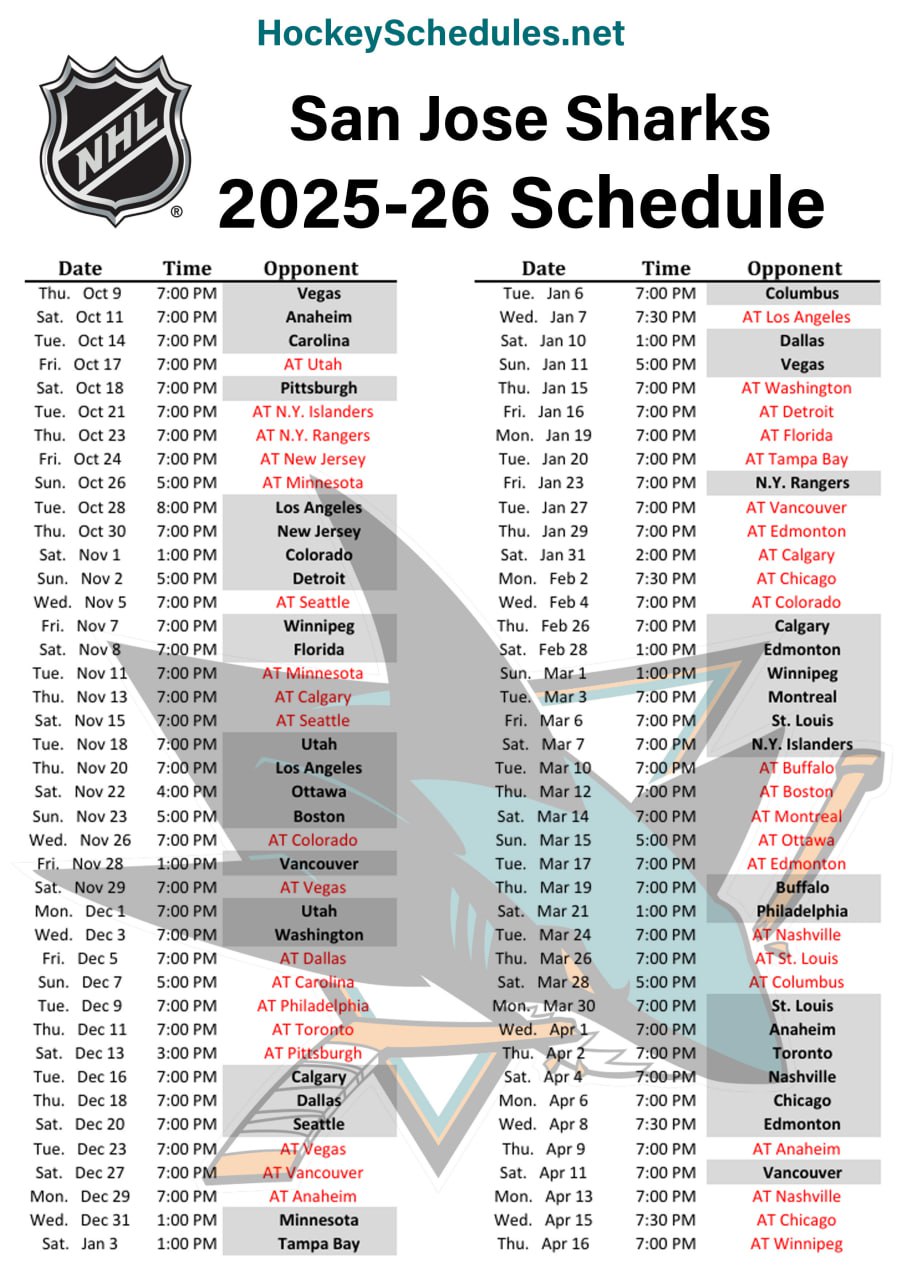 Printable 2025-26 San Jose Sharks Schedule; Matchups, PDF Format - Hockey Schedules