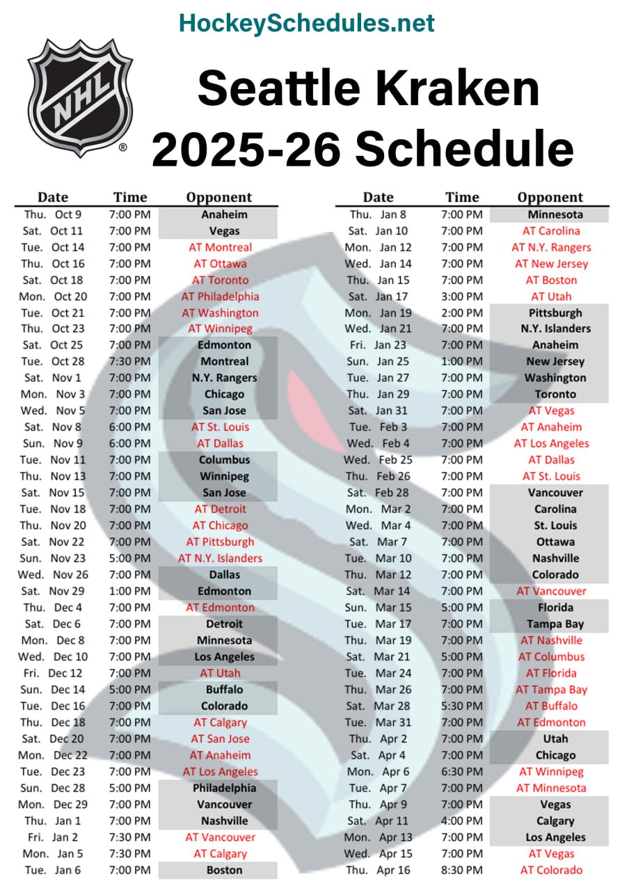 Printable 2025-26 Seattle Kraken Schedule; Matchups, PDF Format - Hockey Schedules