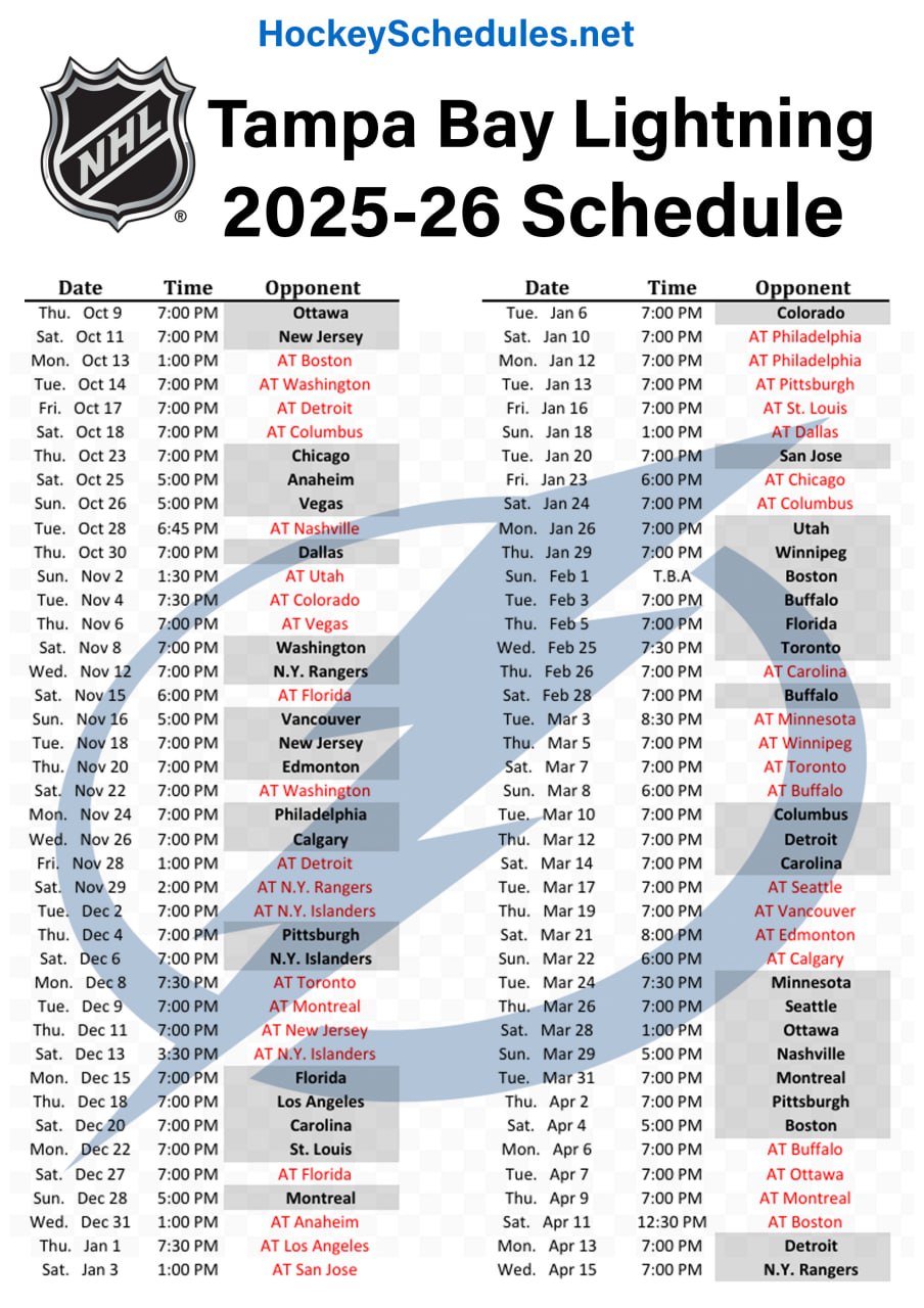 Printable 2025-26 Tampa Bay Lightning Schedule; Matchups, PDF Format - Hockey Schedules