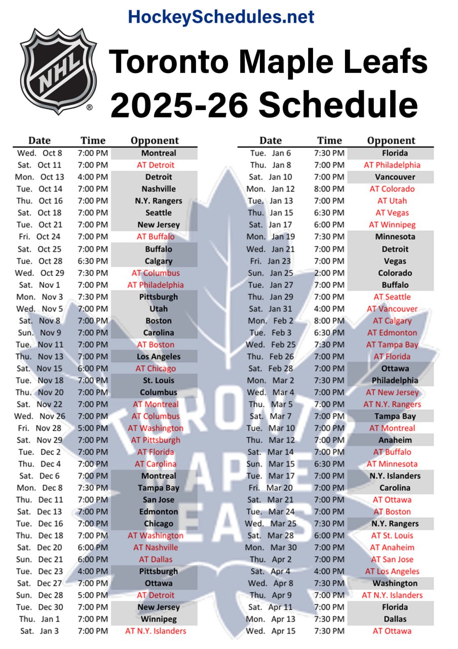 Printable 2025-26 Toronto Maple Leafs Schedule; Matchups, PDF Format - Hockey Schedules