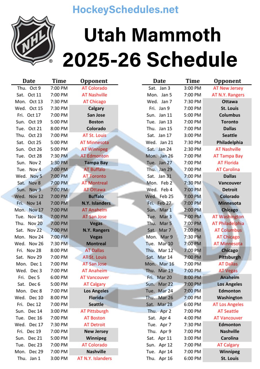Printable 2025-26 Utah Mammoth Schedule; Matchups, PDF Format - Hockey Schedules