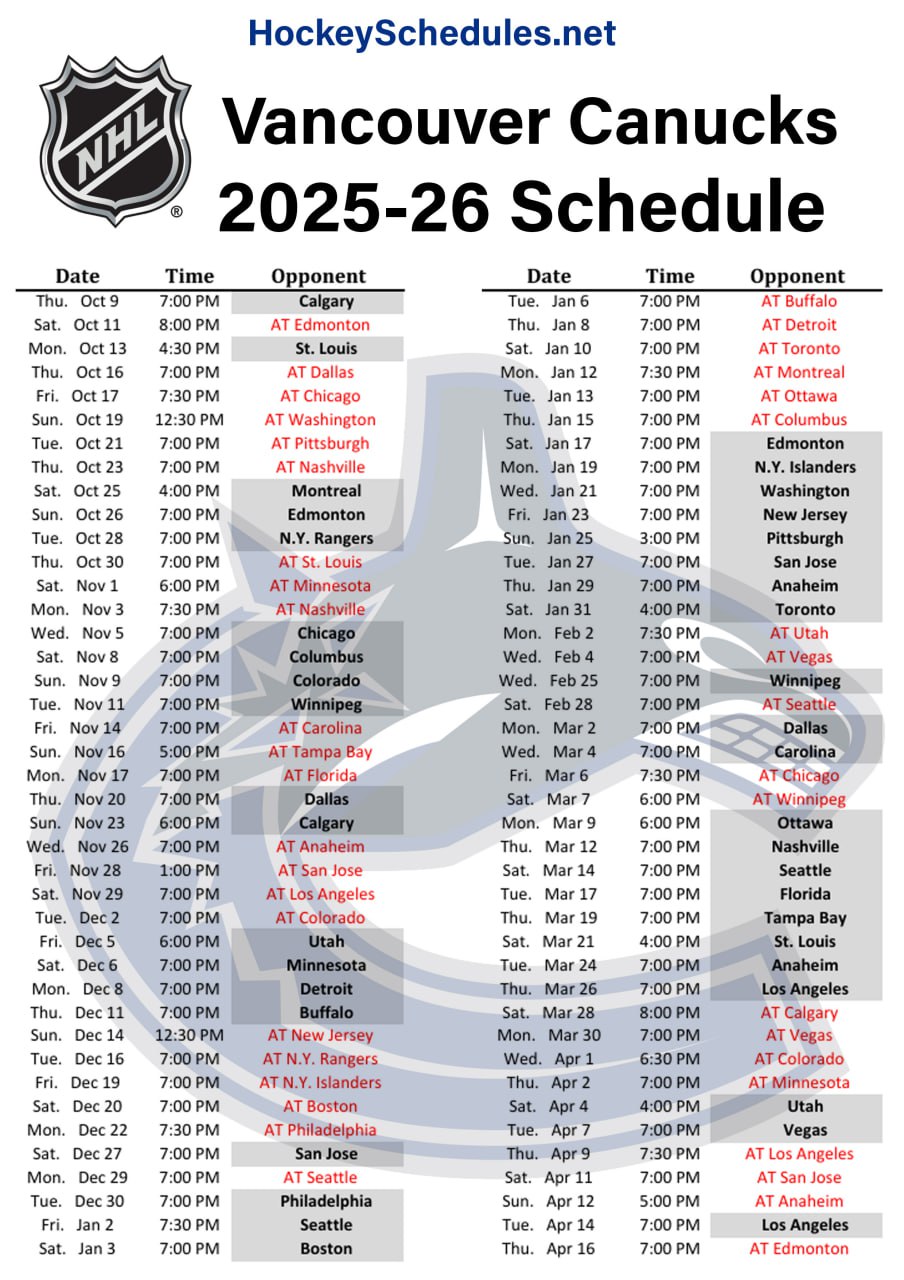 Printable 2025-26 Vancouver Canucks Schedule; Matchups, PDF Format - Hockey Schedules