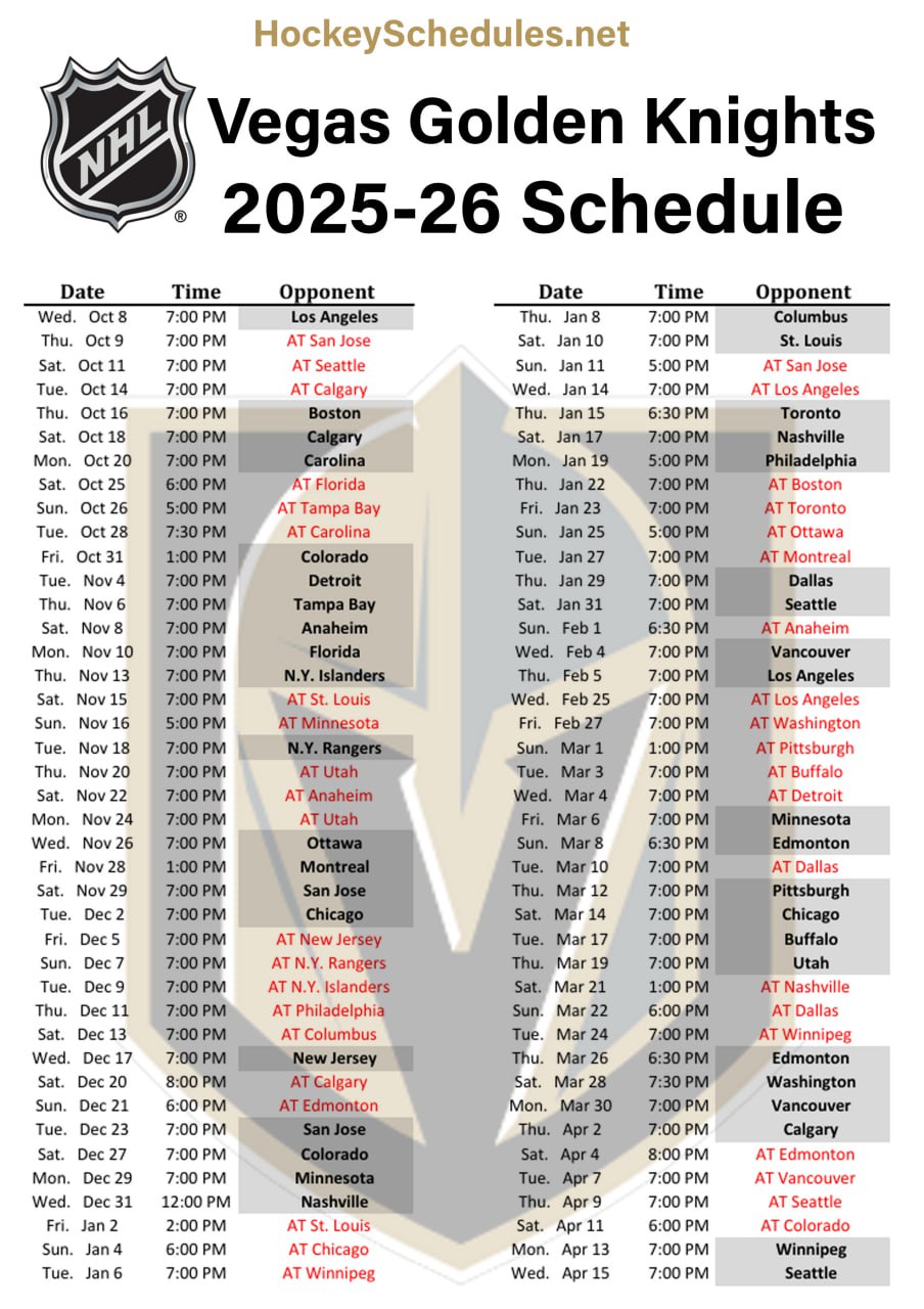 Printable 2025-26 Vegas Golden Knights Schedule; Matchups, PDF Format - Hockey Schedules