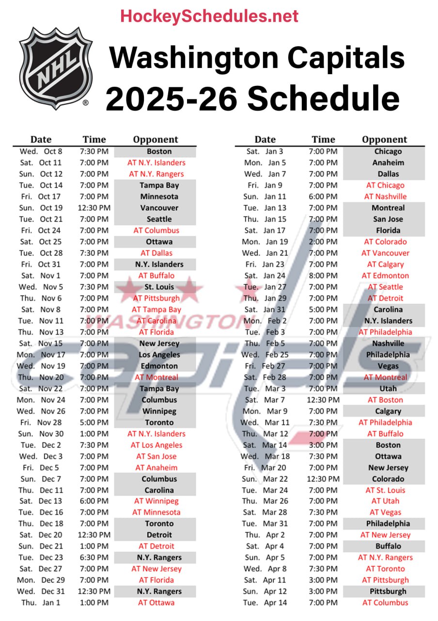 Printable 2025-26 Washington Capitals Schedule; Matchups, PDF Format - Hockey Schedules