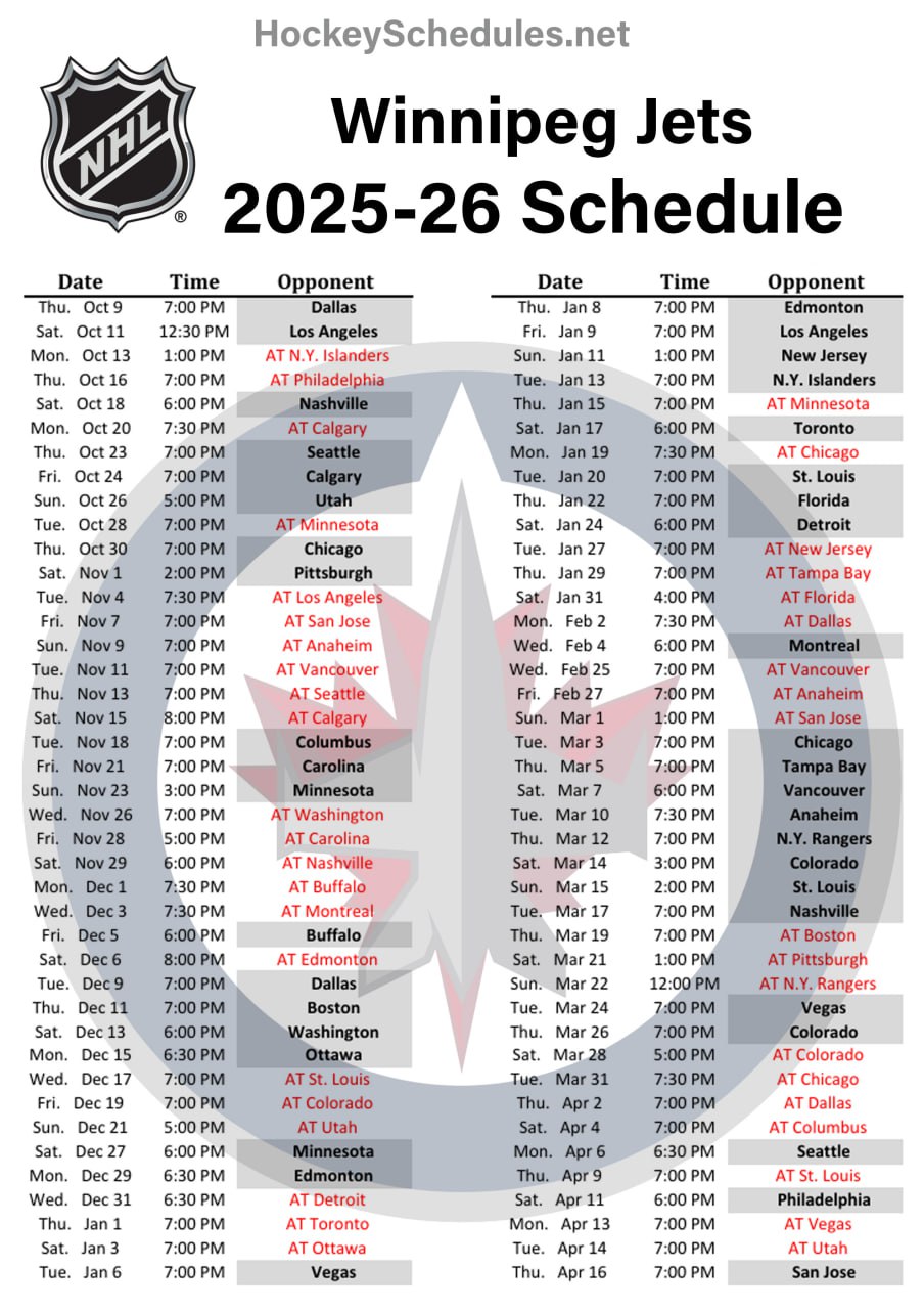 Printable 2025-26 Winnipeg Jets Schedule; Matchups, PDF Format - Hockey Schedules